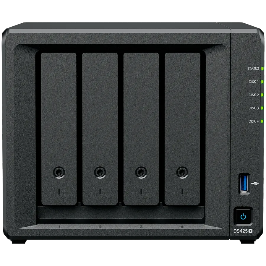 Synology DiskStation DS425+ Tower, 4-Bays 3.5'' SATA HDD/SSD, 2 x M.2 2280 NVMe SSD slot, CPU Intel Celeron J4125 4-core 2.0 GHz, 2 GB DDR4 non-ECC SODIMM, 1x RJ-45 2.5 GbE LAN, 1x RJ-45 1GbE LAN ...