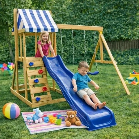 Kinder Home Dečiji drveni set za igru na otvorenom 4 u 1 – tobogan 1,8 m, 2 ljuljaške, penjalica i mreža od konopaca, 308×318×244 cm ( SG3