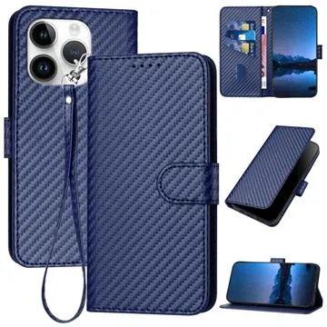 IPHONE 15 PRO PREMIUM WALLET CASE WITH STRAP - CARBON FIBER TEXTURE - CARBON BLUE