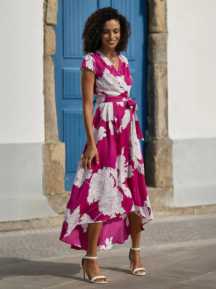 Yumi Blossom Print Wrap Midi haljina sa umočenim rubom