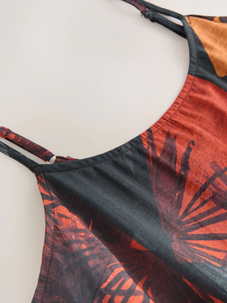 Crno/Narandžasti Print palme - Midi Slip Summer Haljina