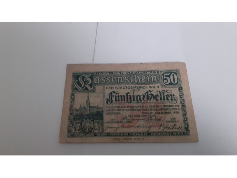 AUSTRIJA - 50 HELERA - 1920 - GRADSKA BANK. - ORIGINAL