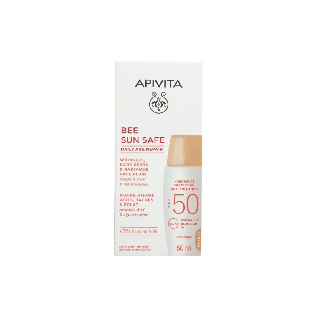APIVITA BEE SUN SAFE Daily Age Repair Tonirani Fluid za Lice protiv Tamnih Fleka i za Blistavost Kože SPF50 50 mL
