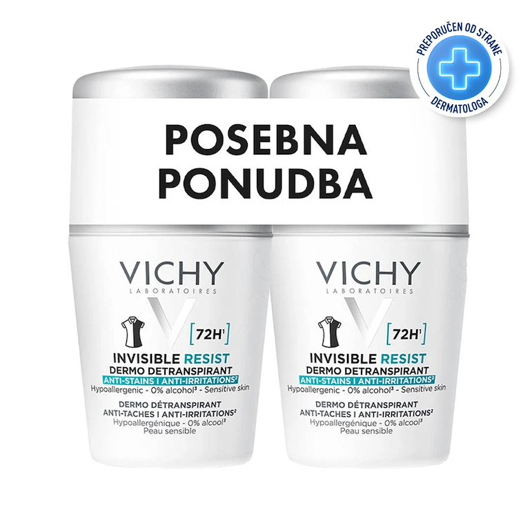 VICHY DÉODORANT Roll On Invisible Resist 72h Antiperspirant bez Tragova na Odeći PROMO 2x50 mL