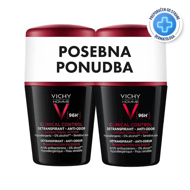 VICHY HOMME DEODORANT Clinical Control Roll-on za Zaštitu od Znojenja do 96H PROMO 2x50 ml