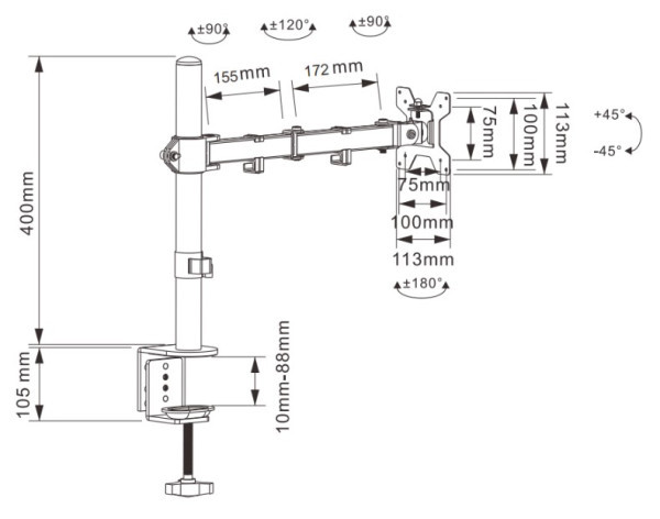 MA-D1-033 Gembird Podesivi stoni drzac za monitor jedna ruka-Produzeni, tilt, 17-32 max.9kg