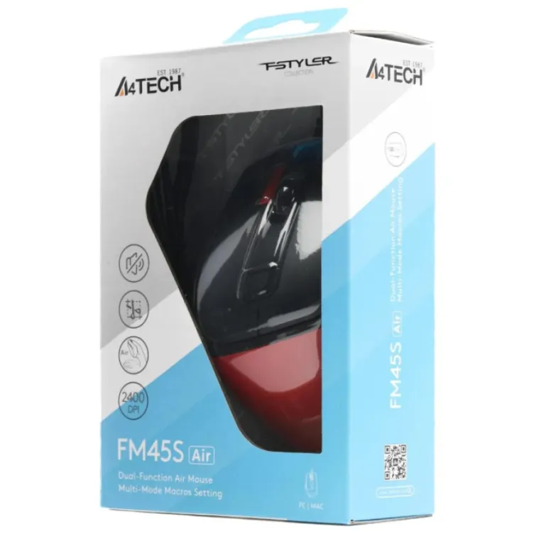 A4-FM45S AIR A4Tech Fstyler opticki mis 125-1000Hz/1000-2400Dpi, 108mm, Silent, 7-but, USB, Red/blk