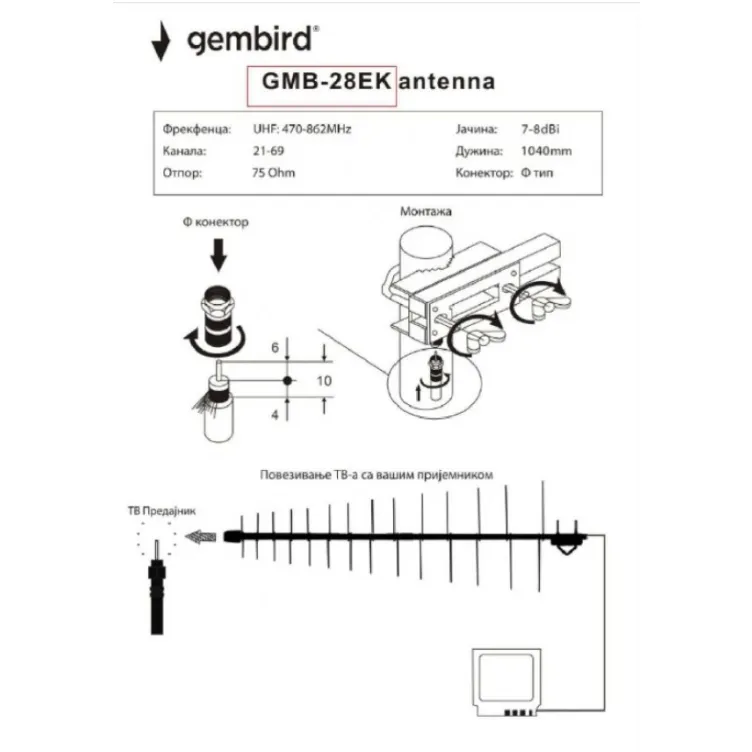GMB-28EK **Gembird Antena Loga UHF sa F konektorom 28 elemenata, dužina 104cm, dobit 9dB alumini.688