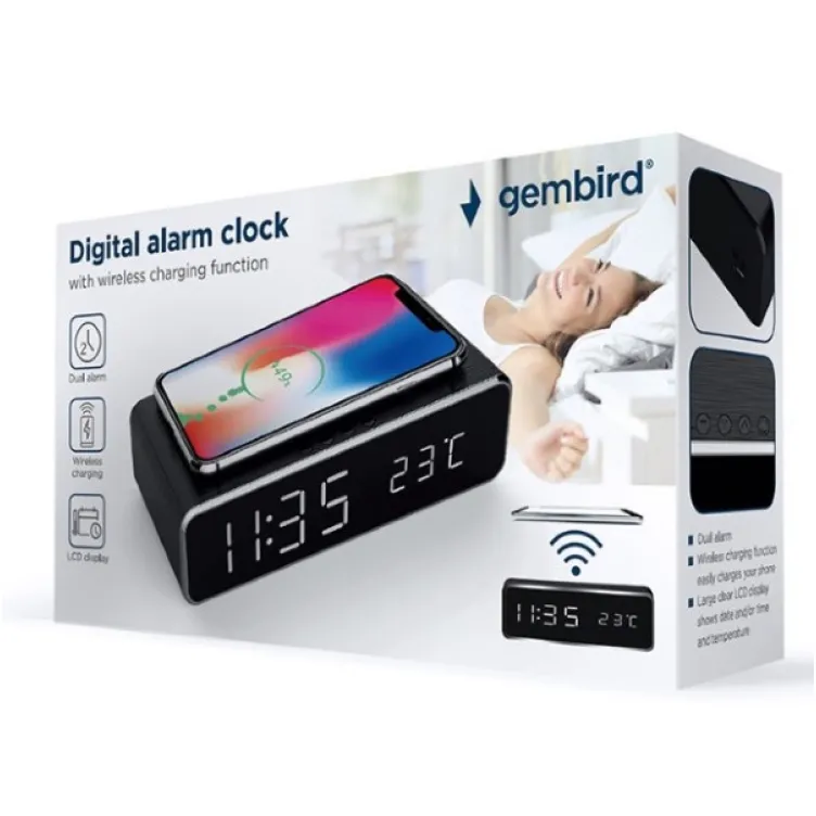 DAC-WPC-01 Gembird Digitalni sat + alarm sa bezicnim punjenjem telefona, Black