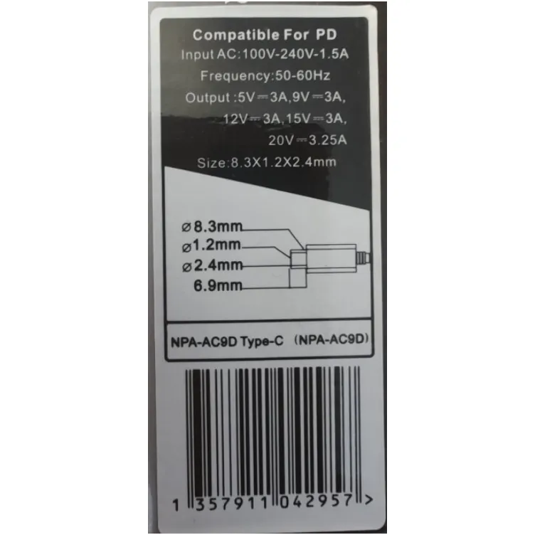 NPA-AC9D Gembird punjac za laptop 65W, kabl 2m USB-C, 5V/3A,9V/3A,12V/3A,15V/3A,20V/3.25A