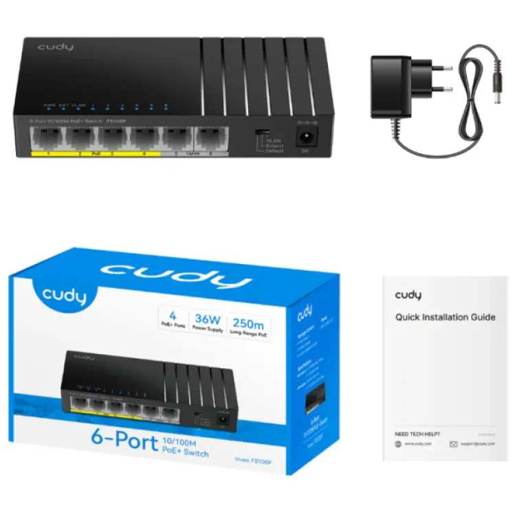 Cudy FS106P,6-Port 10/100M PoE+ Switch,4× FE with 802.3at/af Mode A PoE,2× Uplink FE,36W