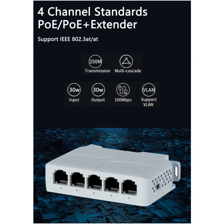 POE-EXT-14F 5 port, 100mbps POE extender, 30/60W 8W/port, POE voltage 44-57Vdc, 100m, 802.3af/at