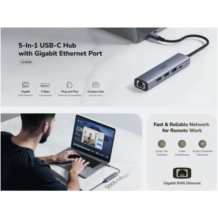 Cudy UH605 1.0,5-In-1 USB-C Hub with Gigabit Ethernet Port,3× USB-A 3.2 Gen 1 (5 Gbps),25cm