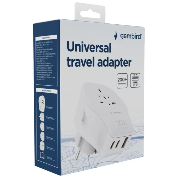 Travel adapter TPA-1A2C20-02-W Gembird Univerzalni 20W