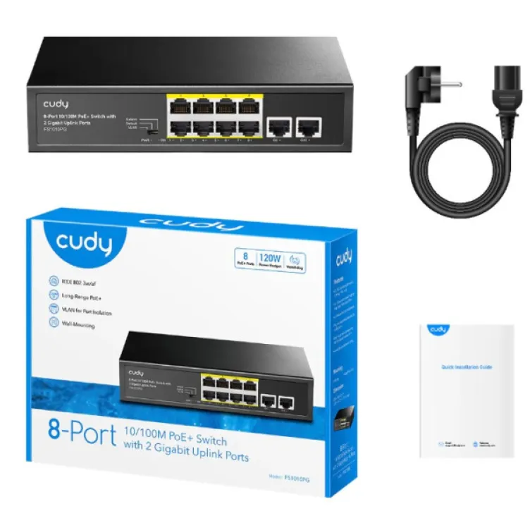 Cudy FS1010PG 8-Port 10/100M PoE+ Switch, 2Uplink 10/100/1000M, 120W, 250m, steel (Alt.PFS3010-8ET)