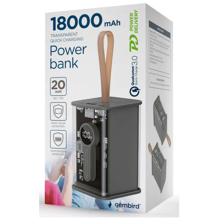 PB18-TQC3-01 Gembird Power bank 18000 mAh, crni