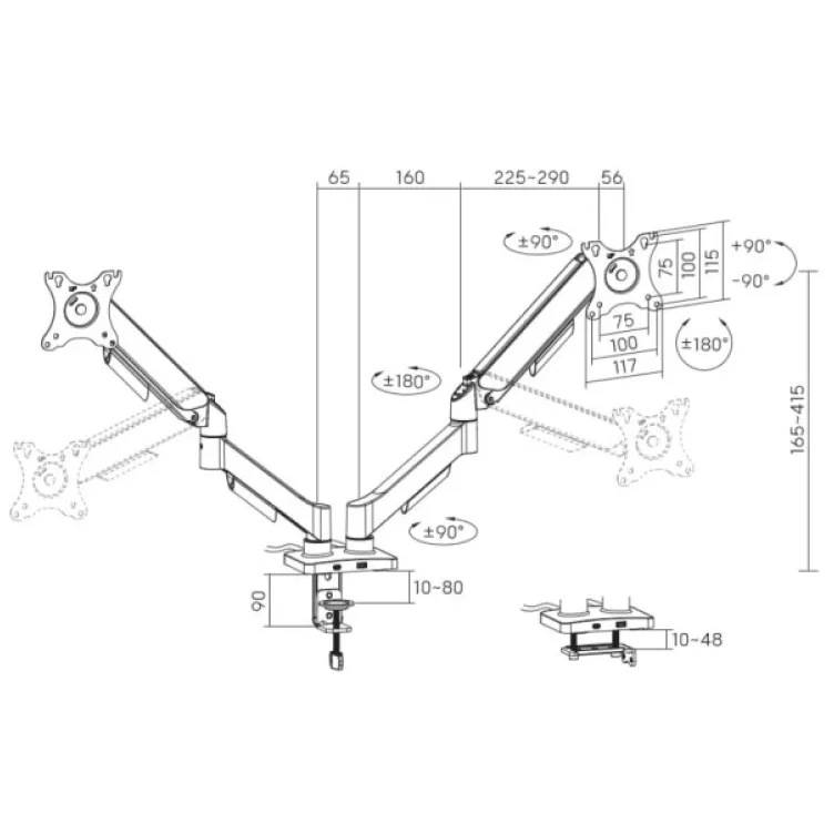 MA-DA2U-01 Gembird Podesivi stoni nosac za 2 monitora sa USB portovima, 17-32, 9kg