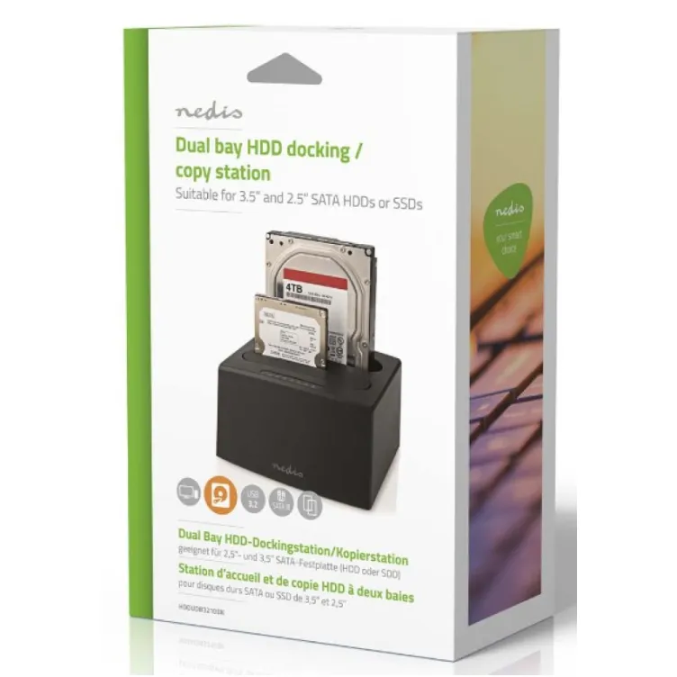 HDDUDB3210BK Nedis USB 3.2 DUPLI docking station za 2.5/3.5 SATA hard diskove, Kloniranje max 8TB