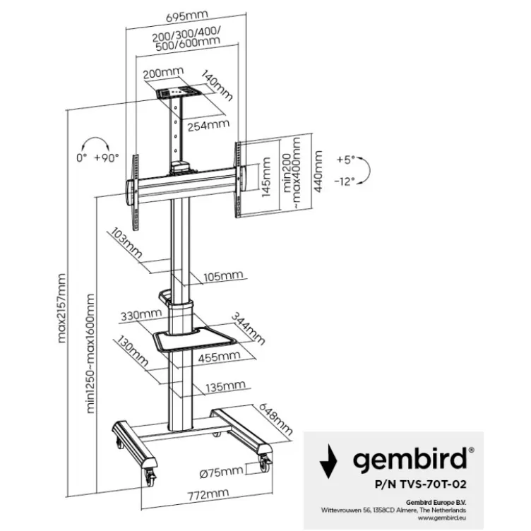 TVS-70T-02 Gembird Mobilni sto sa tockicima, 37-70, crne boje