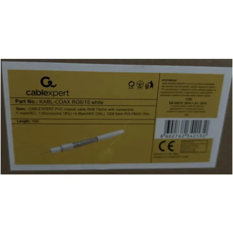 KABL-COAX-RG6/15 white (X553)** koaksialni kabl RG6 konektor F-male/IEC, conduct.18%, 6.5mm 15m(200)