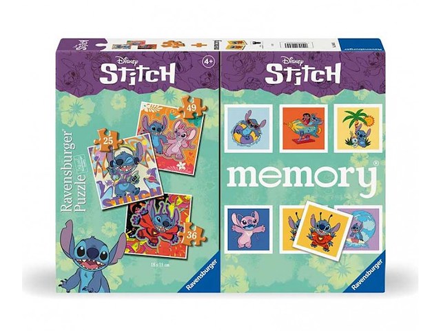 Disney Stitch 2u1 Društvena igra Memorija + 3 Puzzle Ravensburger 24695