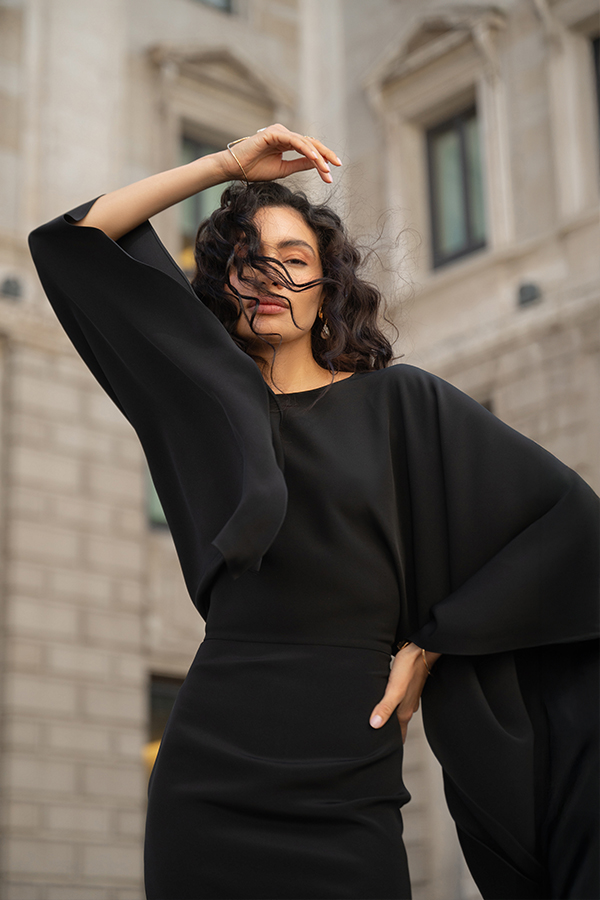 Black Cape-Sleeve Silk Cady Midi Dress