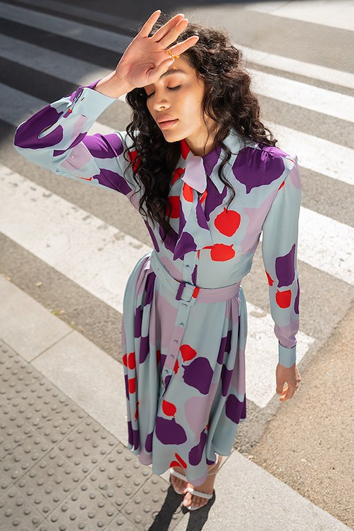 Azure Orchid Belted Silk Shirt Dress