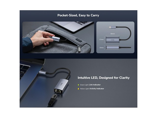 Cudy UE25C, USB-C adapter za Ethernet od 2.5 Gbps, 10/100/1000/2500 Mbps