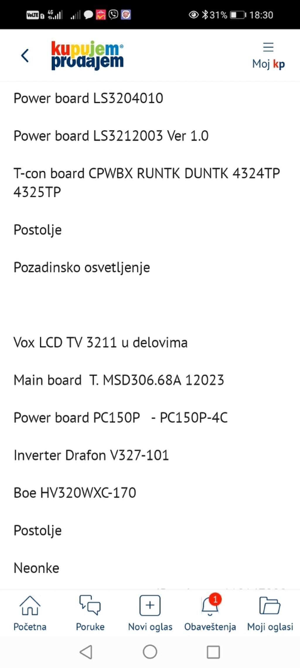 Delovi za LCD televizore – Colossus 32" CSS-10100 i Vox LCD TV 3211