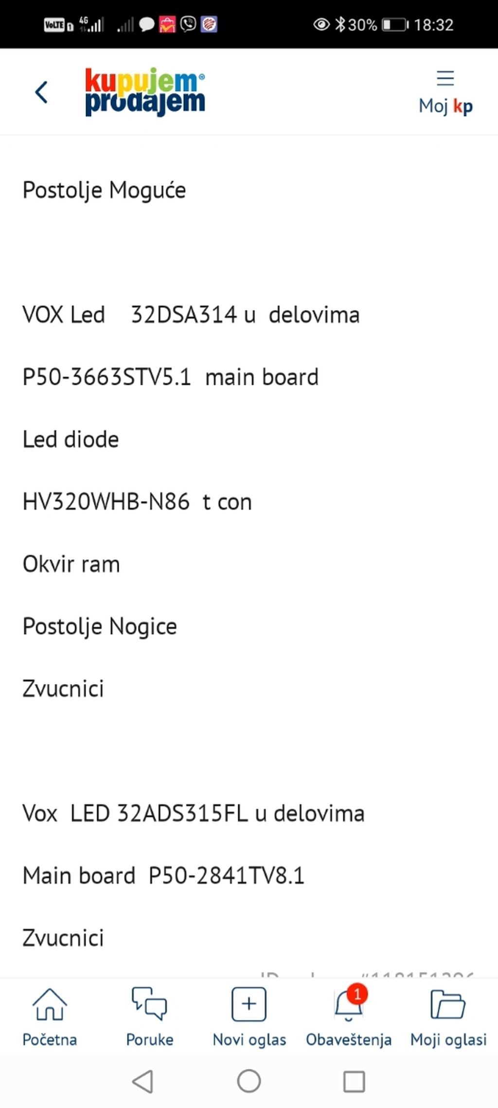 Na prodaju delovi za VOX LED televizore. **Delovi za model VOX Led