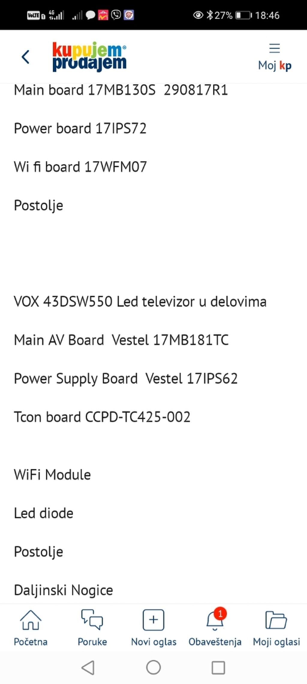 VOX LED televizori – delovi i ploče Dostupni delovi i oznake sa