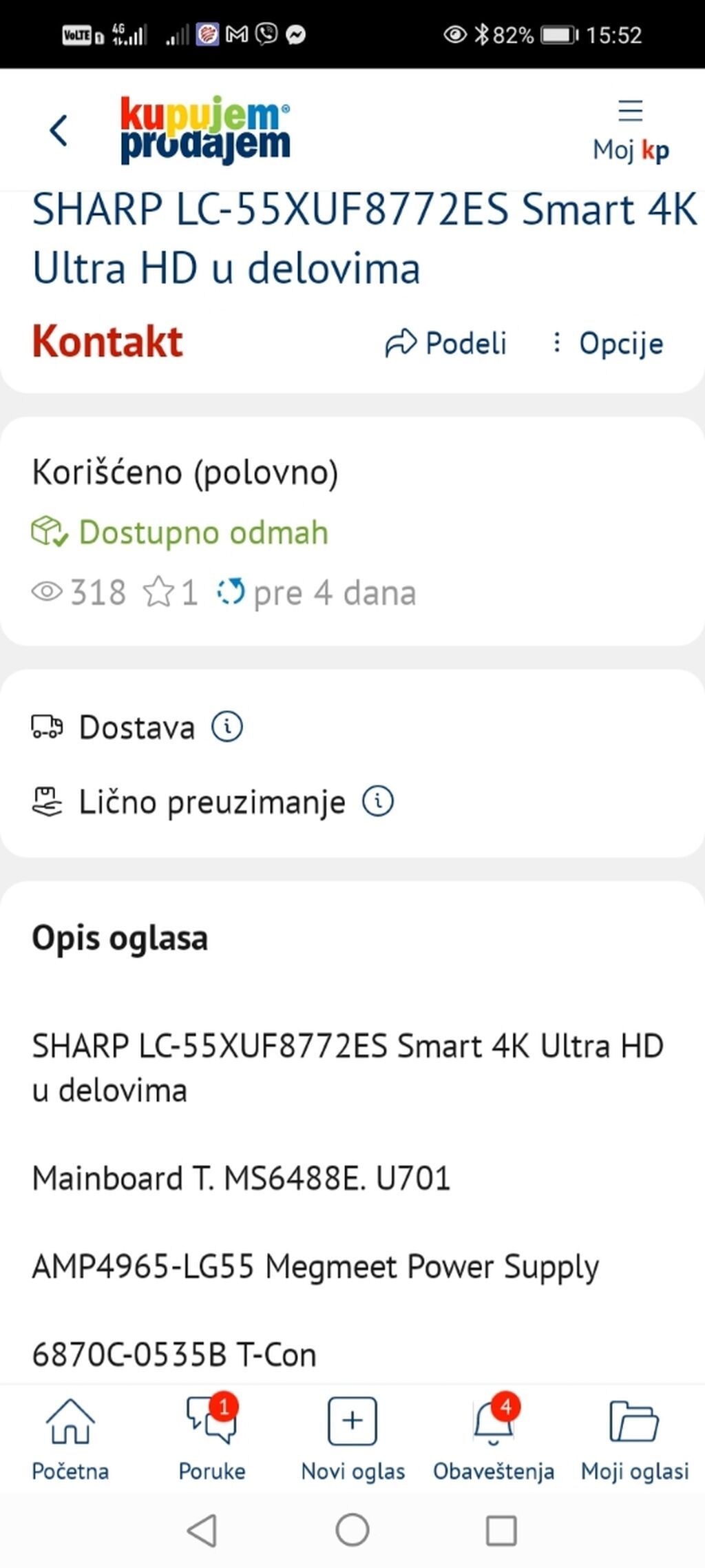 SHARP LC-55XUF8772ES Smart 4K Ultra HD – delovi Dostupne originalne
