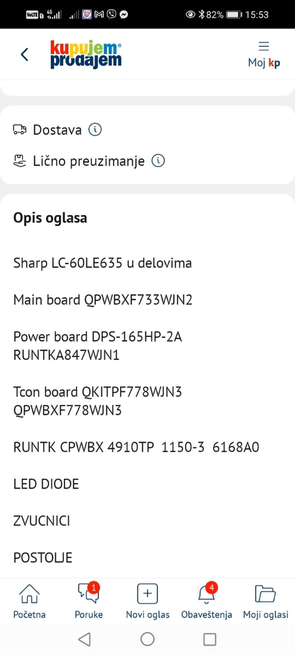 Sharp LC-60LE635 – delovi i module Dostupni originalni delovi sa