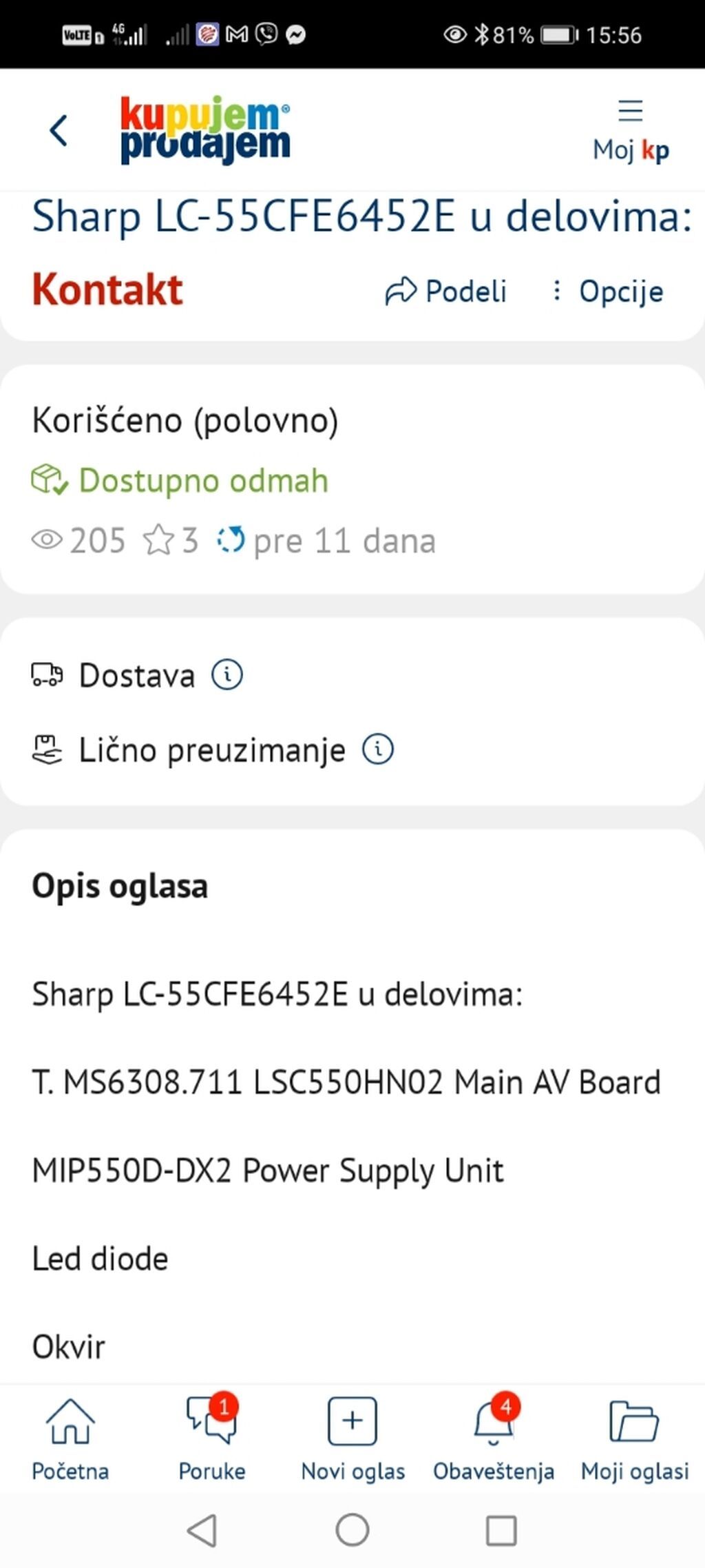 Sharp LC-55CFE6452E – delovi Dostupni originalni delovi sa modela