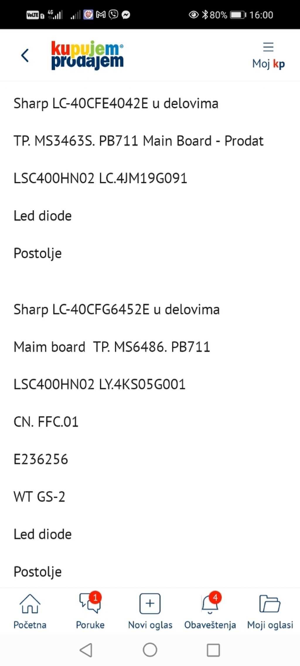 Sharp LC‑40CFE4042E i LC‑40CFG6452E – delovi Dostupni rezervni delovi