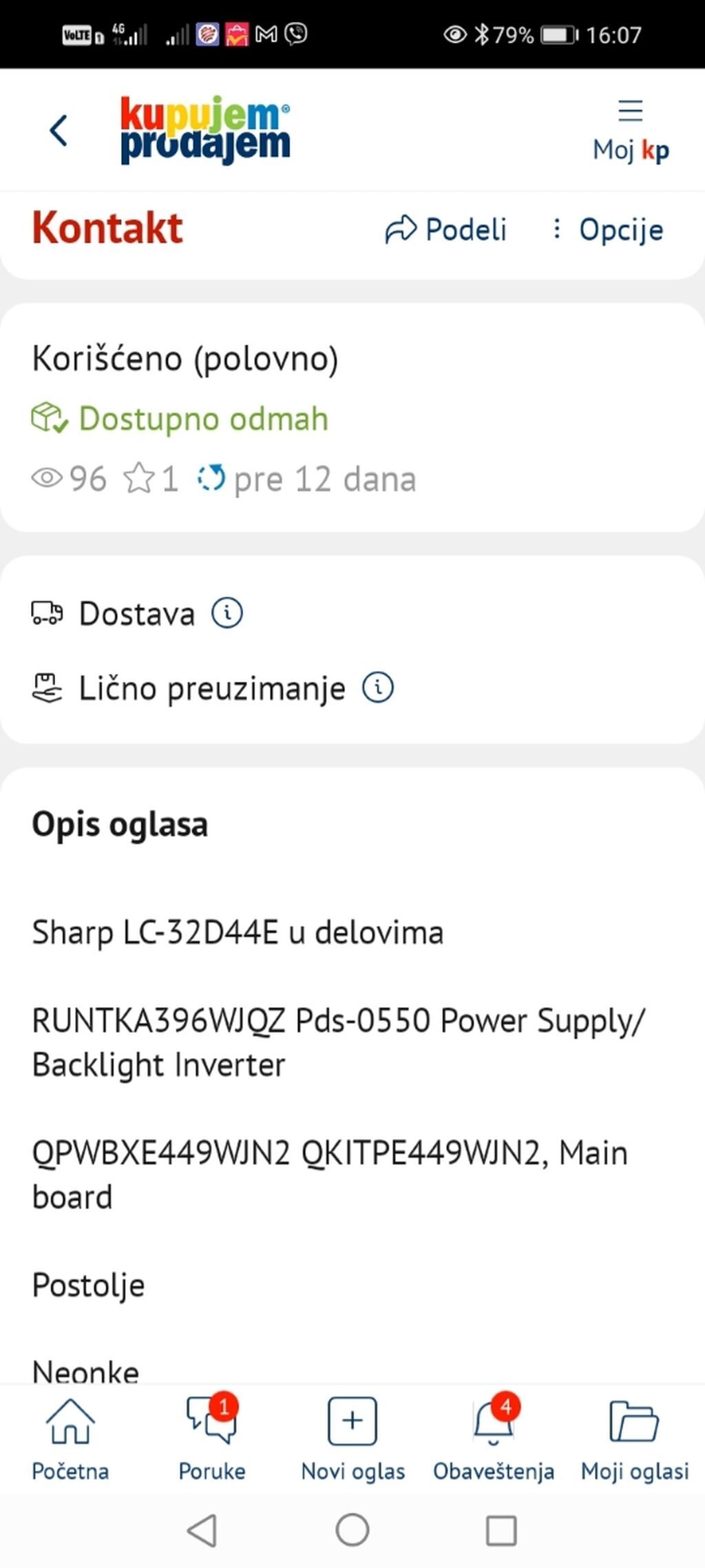 Sharp LC-32D44E – delovi za TV Dostupni originalni moduli i