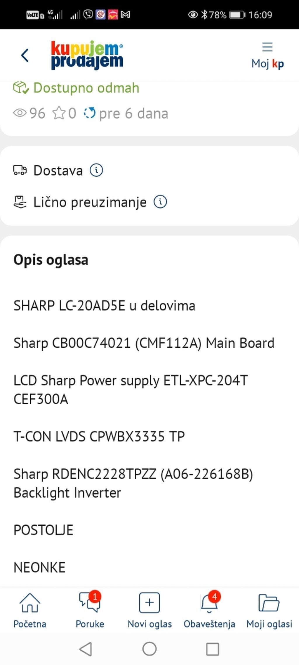 SHARP LC-20AD5E – delovi za TV Dostupni originalni moduli i