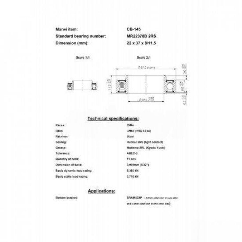 LEŽAJ SREDNJEG POGONA CB-145 MR22378B 22X37X8/11.5 | Industrijski