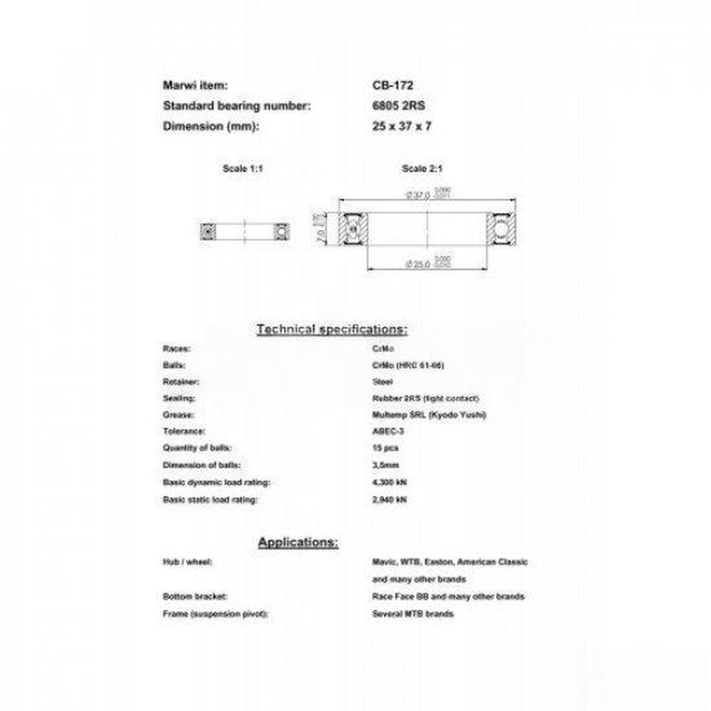 LEŽAJ SREDNJEG POGONA CB-172 6805 2RS 25X37X7 | Industrijski ležaj