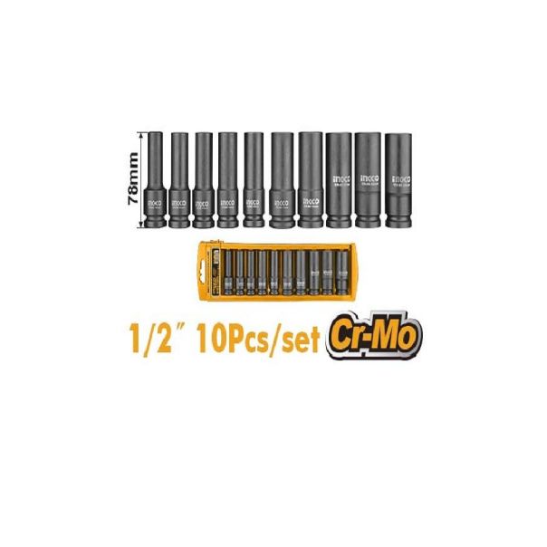 INGCO 10-delni set 1/2" dugackih udarnih nasadnih kljuceva HKISSD12102L