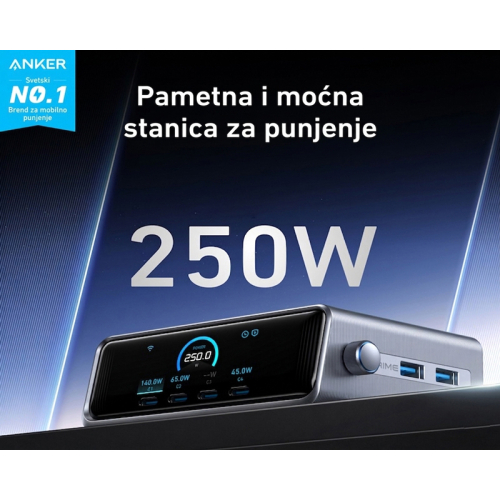 Prime 250W GaN stoni brzi punjač, 6-portova (4x USB-C, 2x USB-A) srebrni