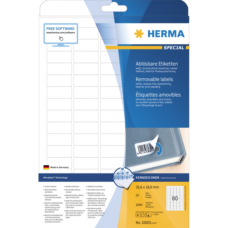 Etikete 35x16,9 A4/80 1/25 Removable (4345) Herma