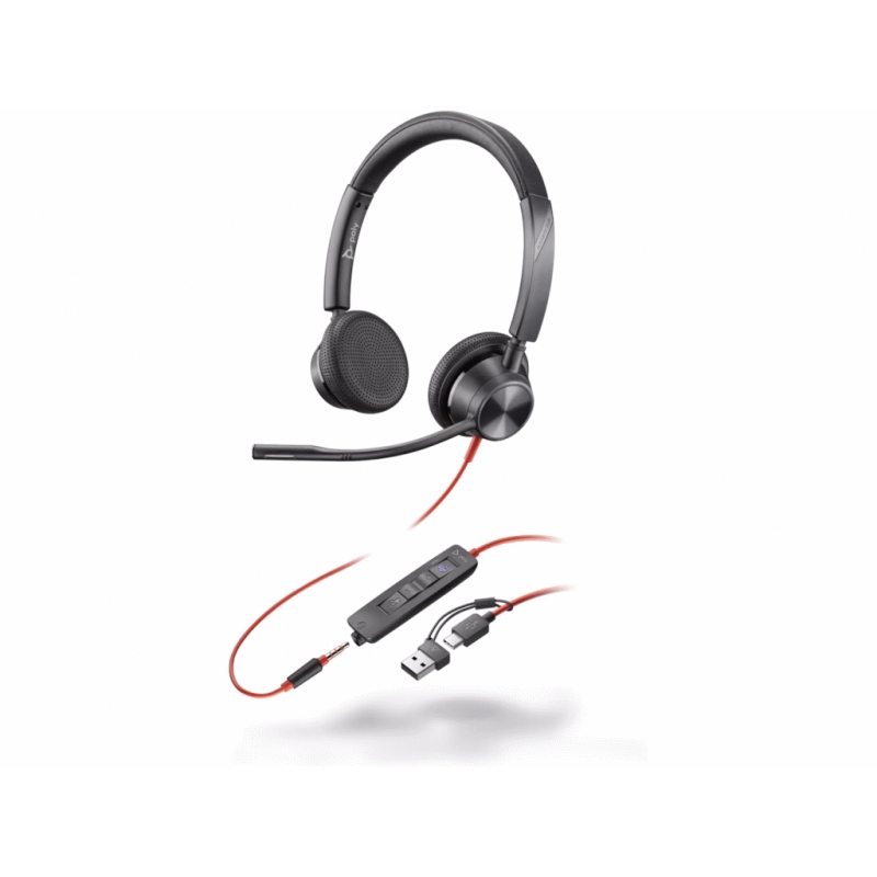 Poly Blackwire 3325 Stereo Microsoft Teams Certified USB-C Headset +3.5mm Plug +USB-C/A Adapter (8X2