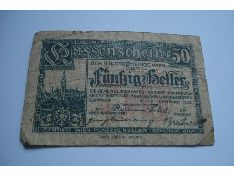 AUSTRIJA - 50 HELERA - 1920 - GRADSKA BANK. - ORIGINAL