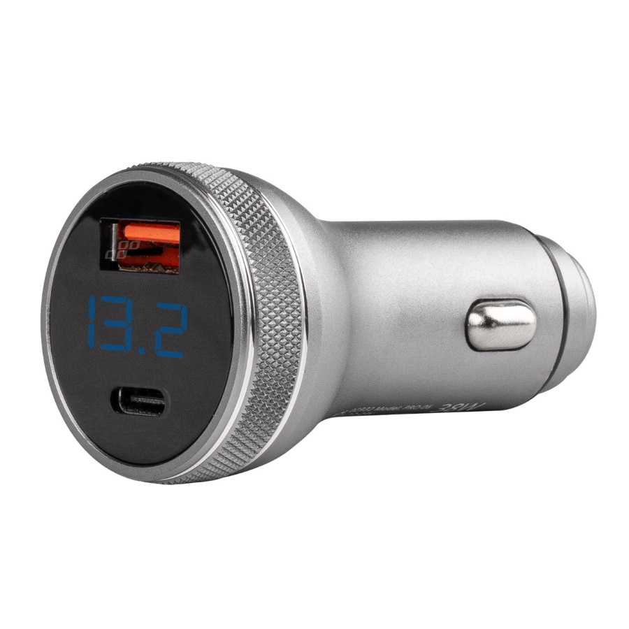 Punjač mobilnog adapter upaljača sa 2 ulaza USB / USB C i voltmetar, 38W 12/24V – Amio 02932