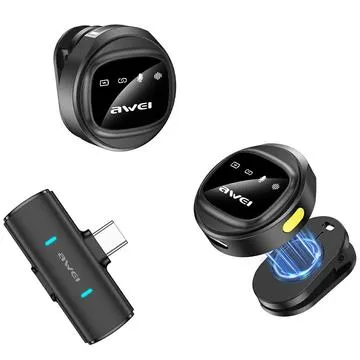 AWEI MK3 DUAL MAGNETIC WIRELESS LAVALIER MICROPHONE WITH TYPE-C RECEIVER - BLACK