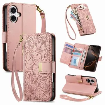 IPHONE 16 FLORAL & LEAF PATTERN WALLET CASE WITH ZIPPER POCKET & WRIST STRAP - PINK