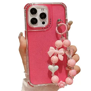 IPHONE 16 PRO GLITTER SHOCKPROOF HYBRID CASE WITH WRIST STRAP - HOT PINK
