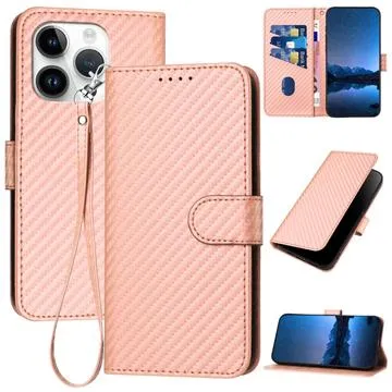IPHONE 15 PRO MAX PREMIUM WALLET CASE WITH STRAP - CARBON FIBER TEXTURE - CARBON PINK