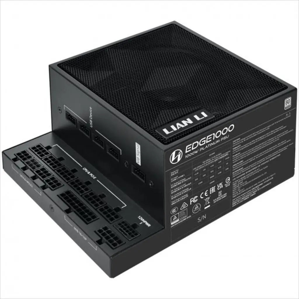 Lian Li napaјanje 1000W Edge EG1000 80+ Platinum, Pcie 5.1 (L-oblik, sa 4 USB 2.0 konektora), potpuno modularno, crno